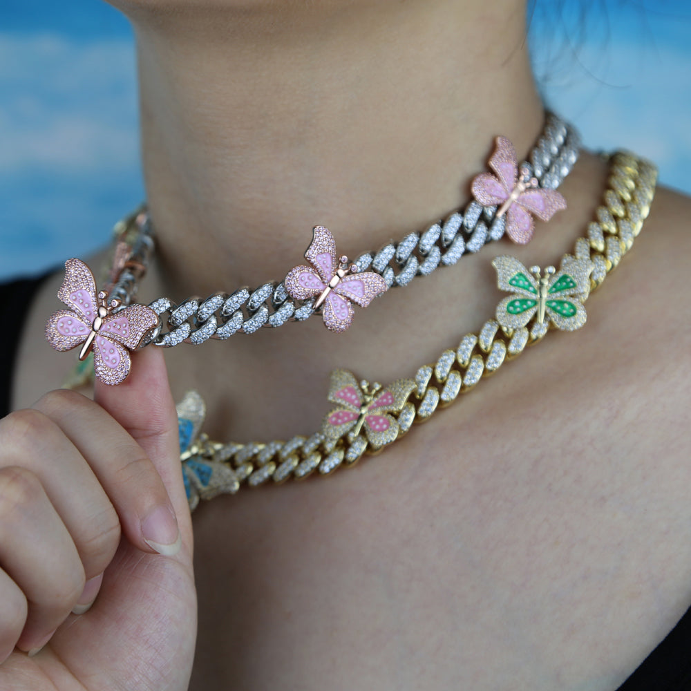 Enamel Butterfly cuban links chain 12mm in multicolored - Yellow gold ...