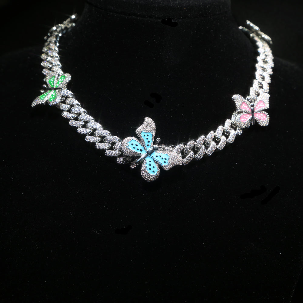 Enamel Butterfly cuban links chain 12mm in multicolored - Yellow gold ...
