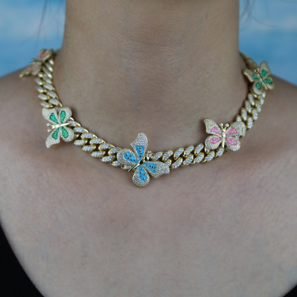 Enamel Butterfly cuban links chain 12mm in multicolored - Yellow gold ...