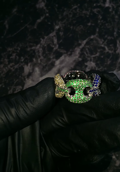 Custom iced out Gucci link ring in multicolored 13mm – Bijouterie Gonin